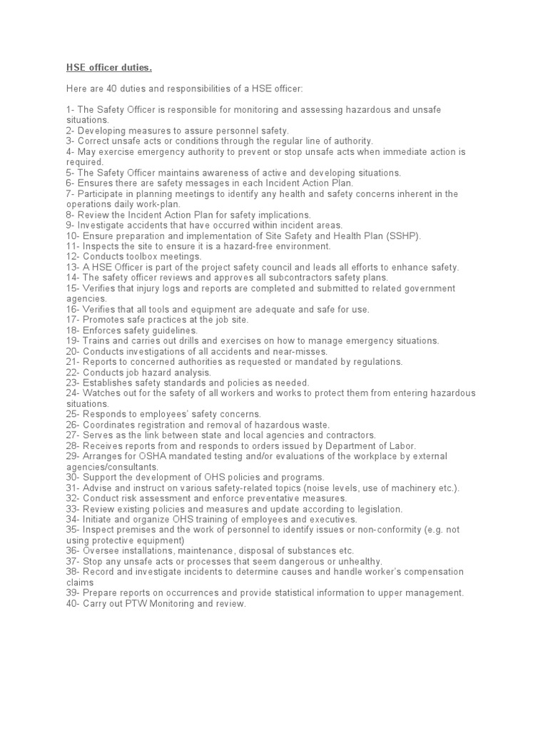 HSE Officer Duties and Responsibilities | PDF | Occupational Safety And ...