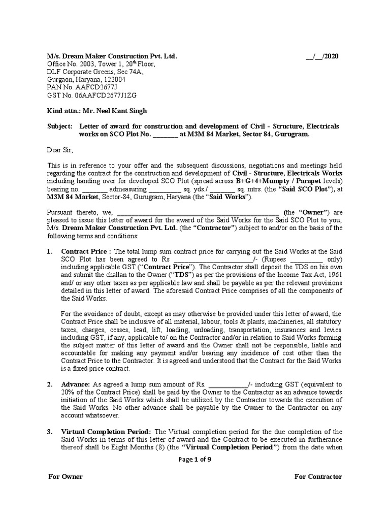 Letter of Award for Construction Works at M3M 84 Market, Sector 84 ...