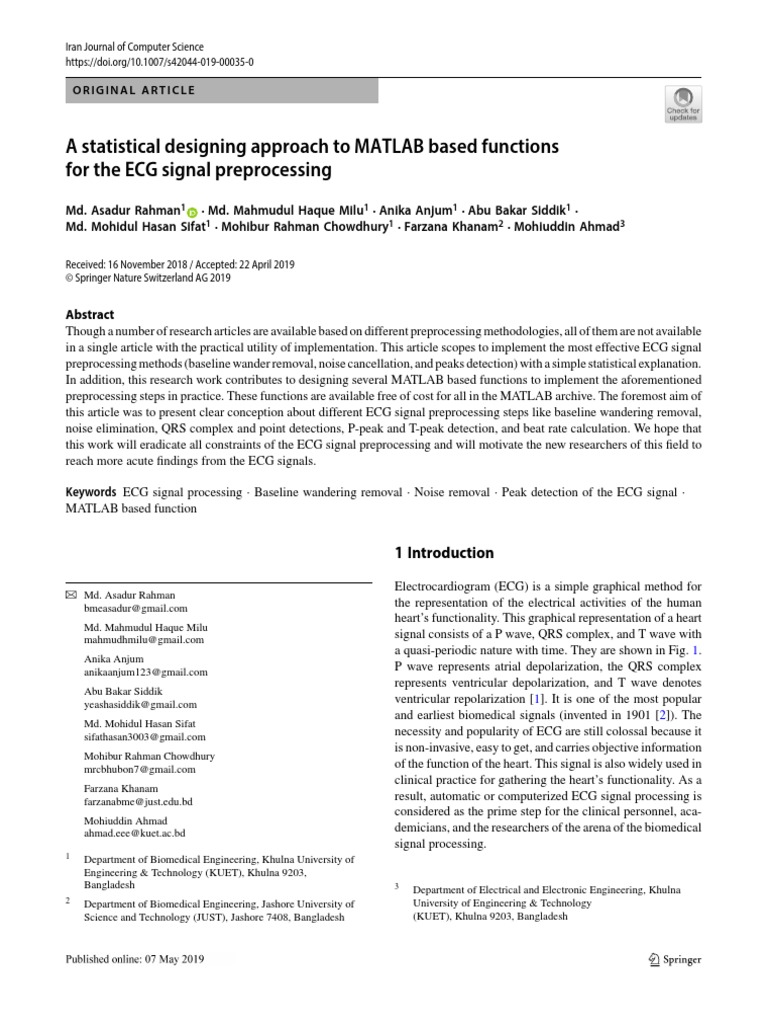 A Statistical Designing Approach To MATLAB Based Functions For The ECG ...