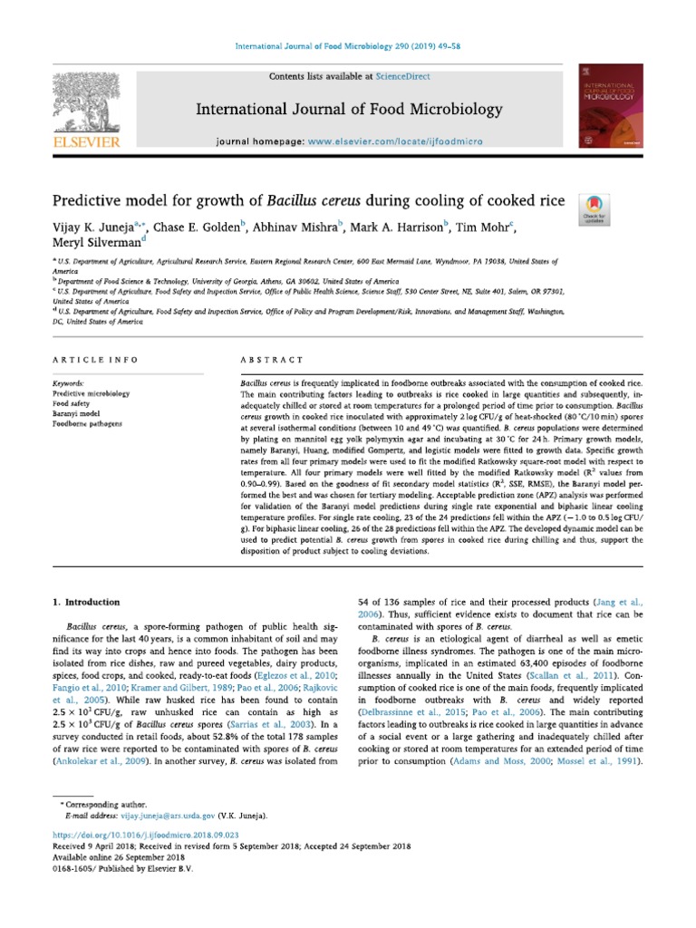 Predictive Model For Growth of Bacillus Cereus During Cooling of Cooked ...