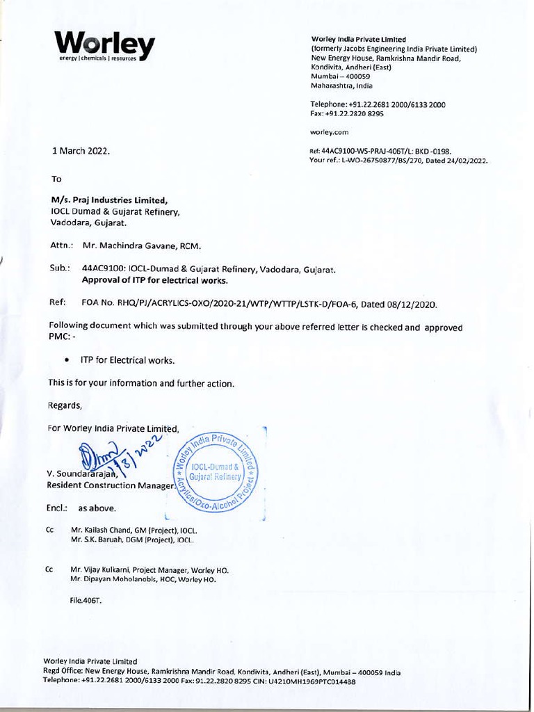 44AC9100 WS PRAJ 406T L BKD 0198 Approval of ITP For Electrical Works | PDF