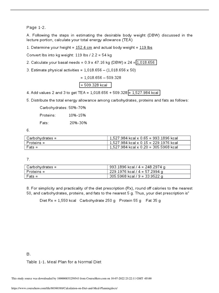 Calculation On Diet and Meal Planning | PDF | Calorie | Food Energy