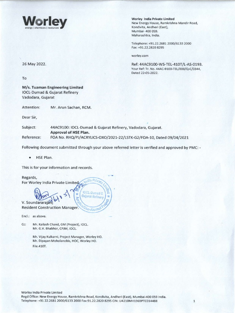 HSE PLAN-Approval Letter (44AC9100-WS-TEL-410T-L-AS-0193) | PDF