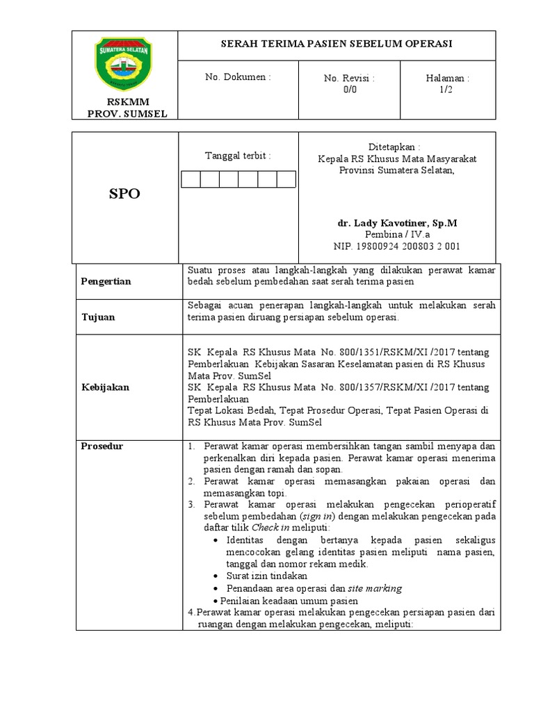 Sop Serah Terima Pre Op | PDF
