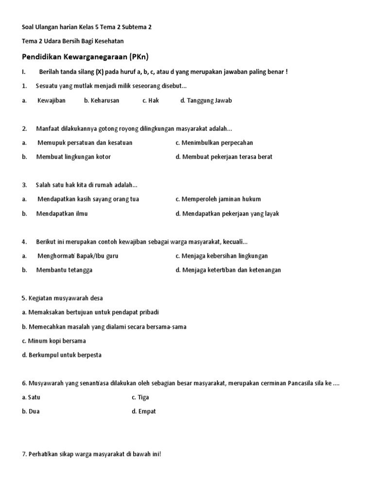 Soal Ulangan Harian Kelas 5 Tema 2 Subtema 2 | PDF | Seni & Disiplin Bahasa | Sains & Matematika