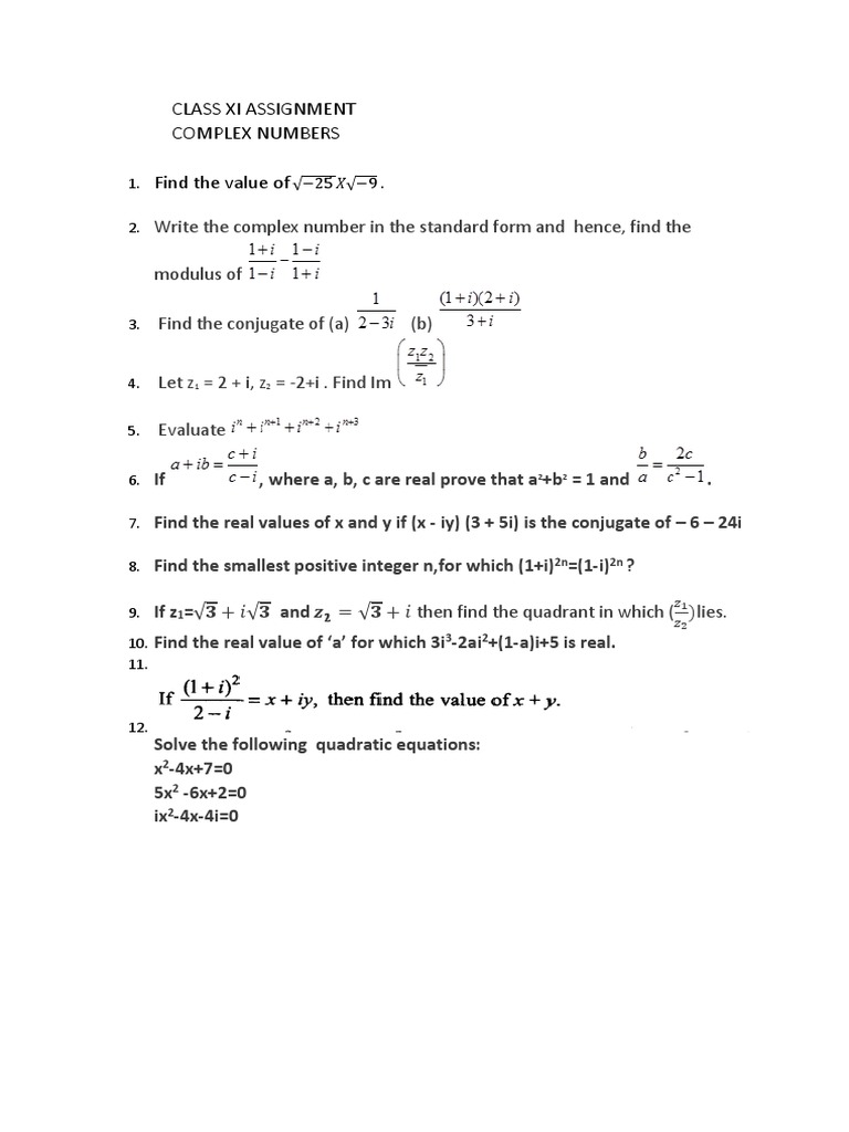 Complex Number Assignment Pdf