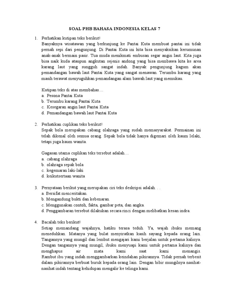 SOAL PHB Kls 7 BINDO | PDF