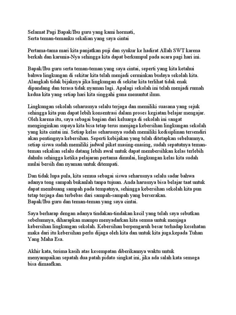 Pidato Kebersihan Lingkungan Sekolah SD | PDF