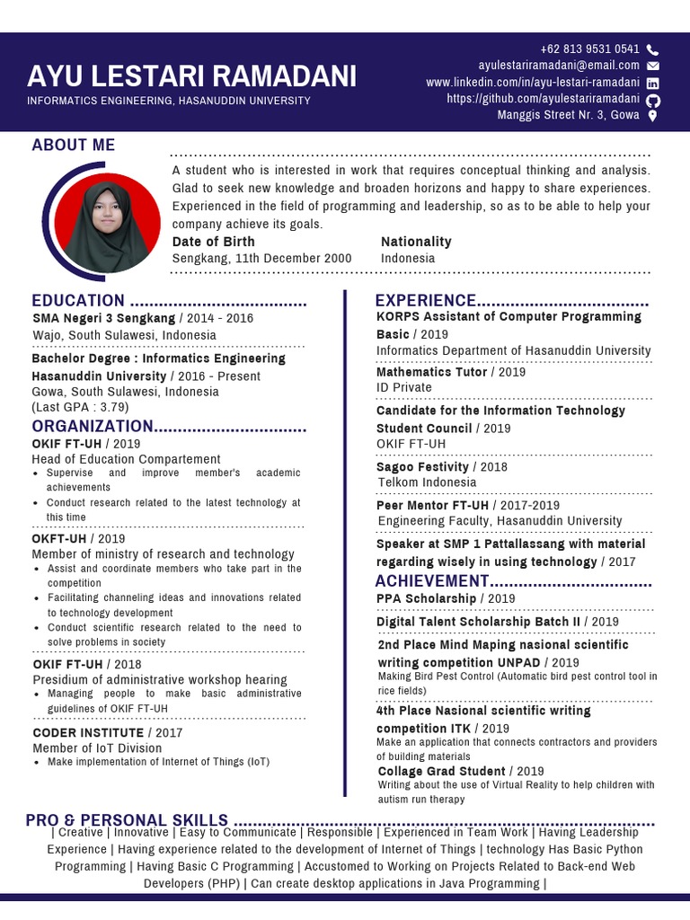 Ayu Lestari Ramadani: Date of Birth Nationality | PDF | Information Technology | Science