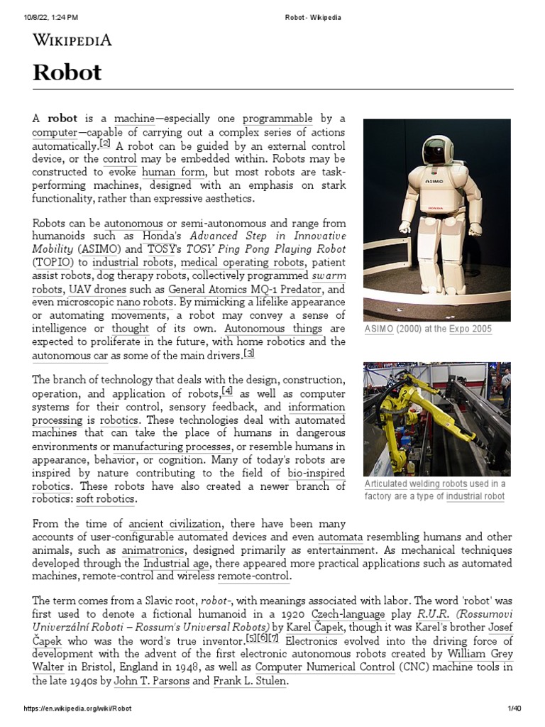 Robot - Wikipedia | PDF | Robot | Robotics