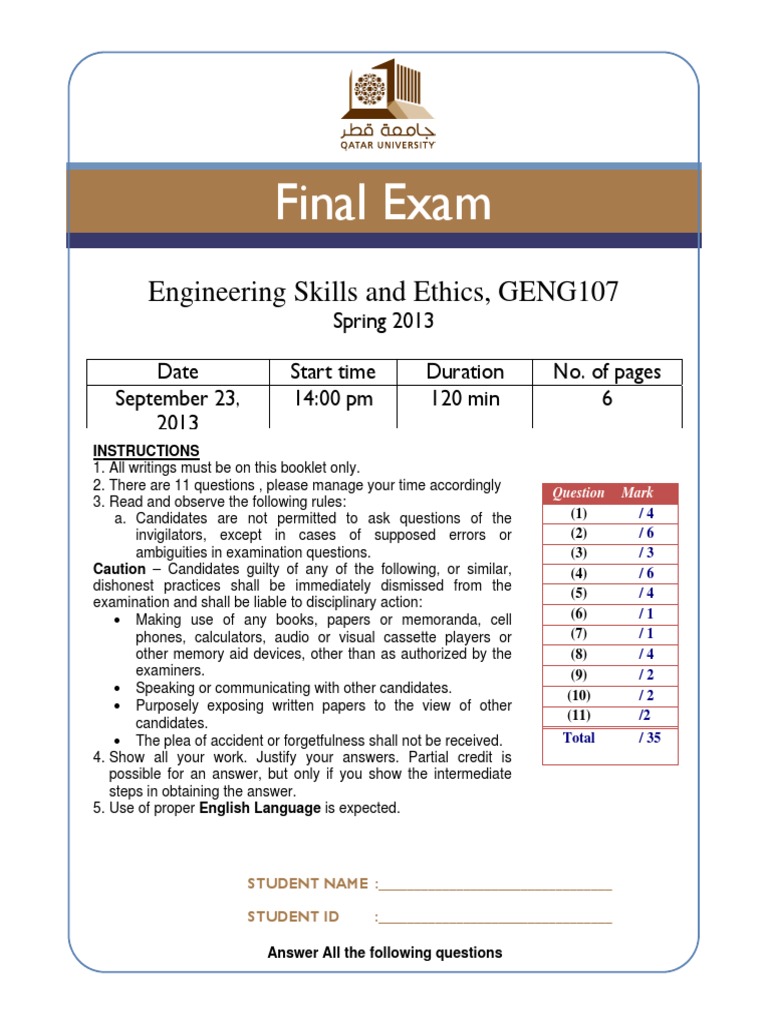 Final Exam: Engineering Skills and Ethics, GENG107 | PDF