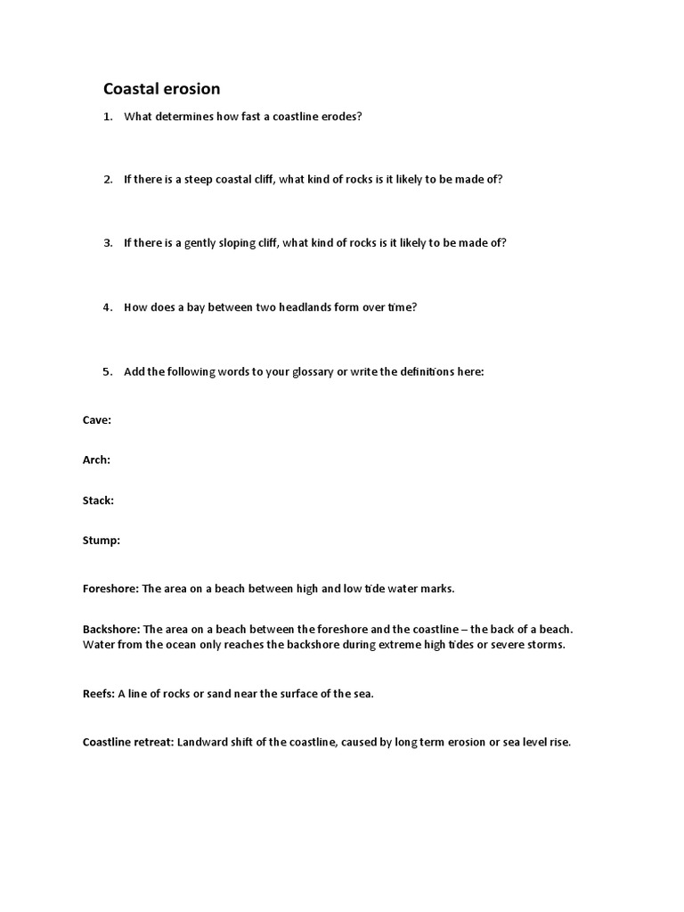 Coastal Erosion Worksheet 2 | PDF