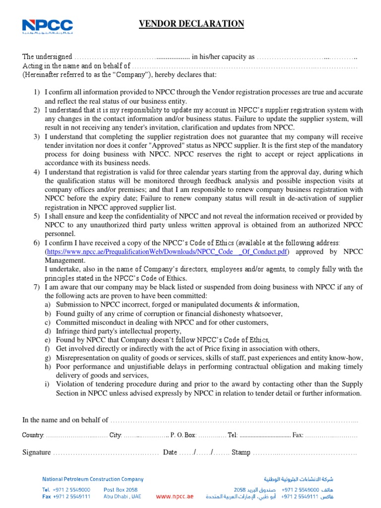 Vendor Declaration | PDF | Justice | Crime & Violence