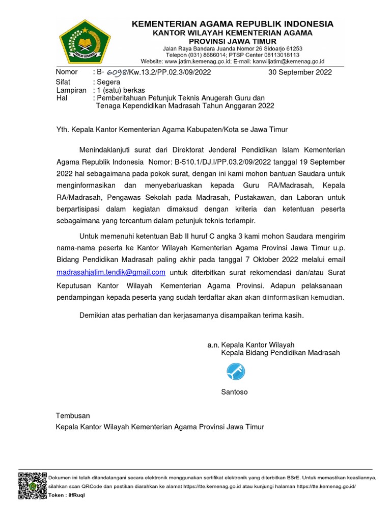 Surat Pemberitahuan Juknis Anugerah GTK Madrasah TA. 2022 | PDF | Pengelolaan Keuangan & Uang