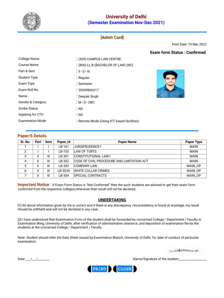 Admit Card 3rd Sem | PDF | Justice | Crime & Violence