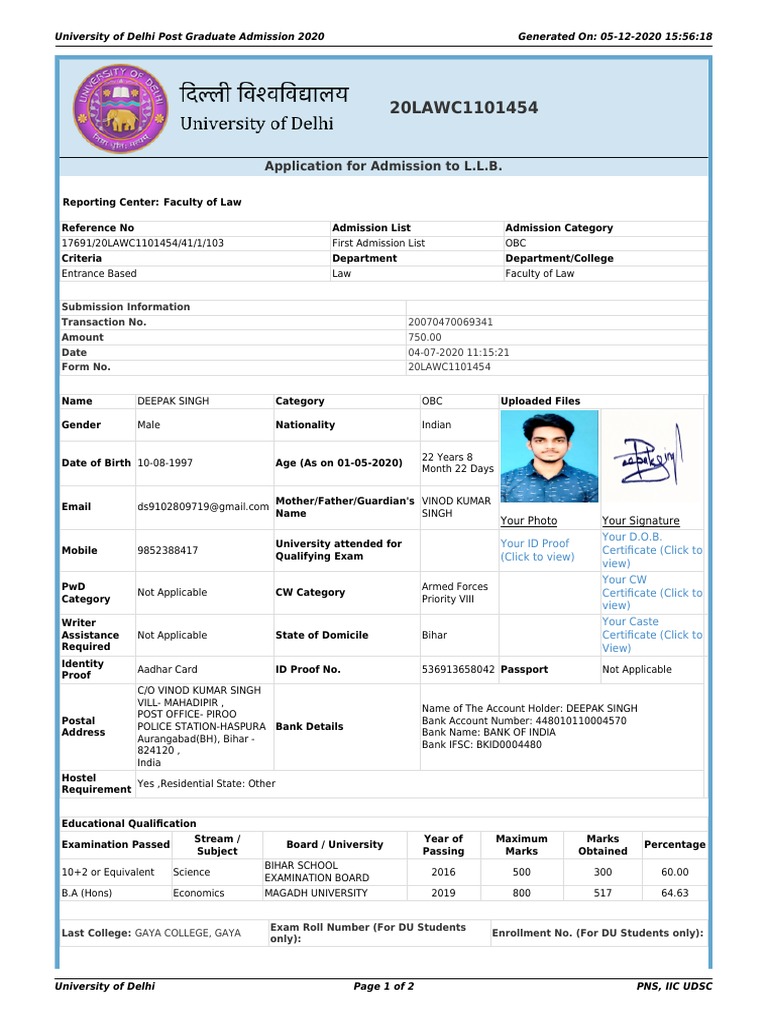 Du Print-Adm-Form | PDF | University And College Admission ...