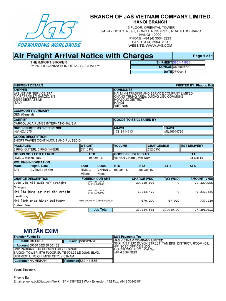 14 Arrival Notice With Charges S601441885 | PDF
