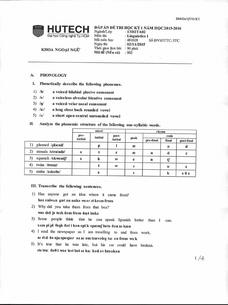 ĐỀ THI CUỐI KỲ LING 1 TRƯỜNG HUTECH | PDF