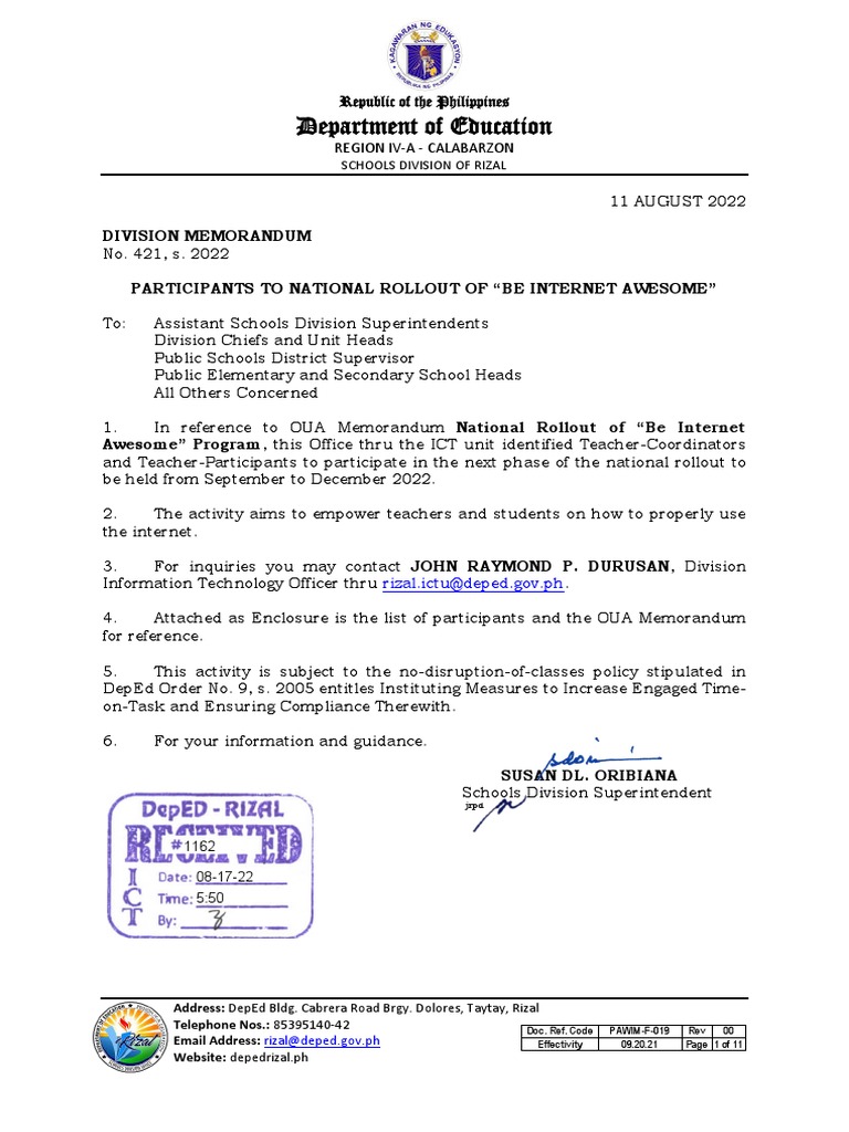 Division Memorandum No. 421, s.2022 | PDF | Social Institutions | Philippines