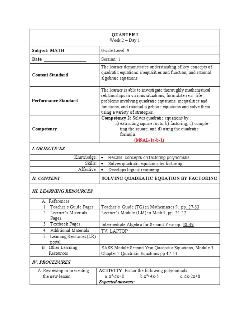 Q1W2D1 | PDF | Factorization | Quadratic Equation