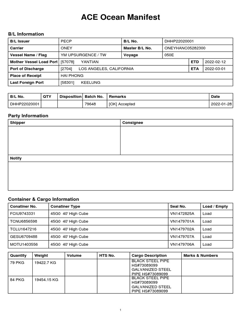 ACE Ocean Manifest DHHP22020001 | PDF | Cargo | Supply Chain Management