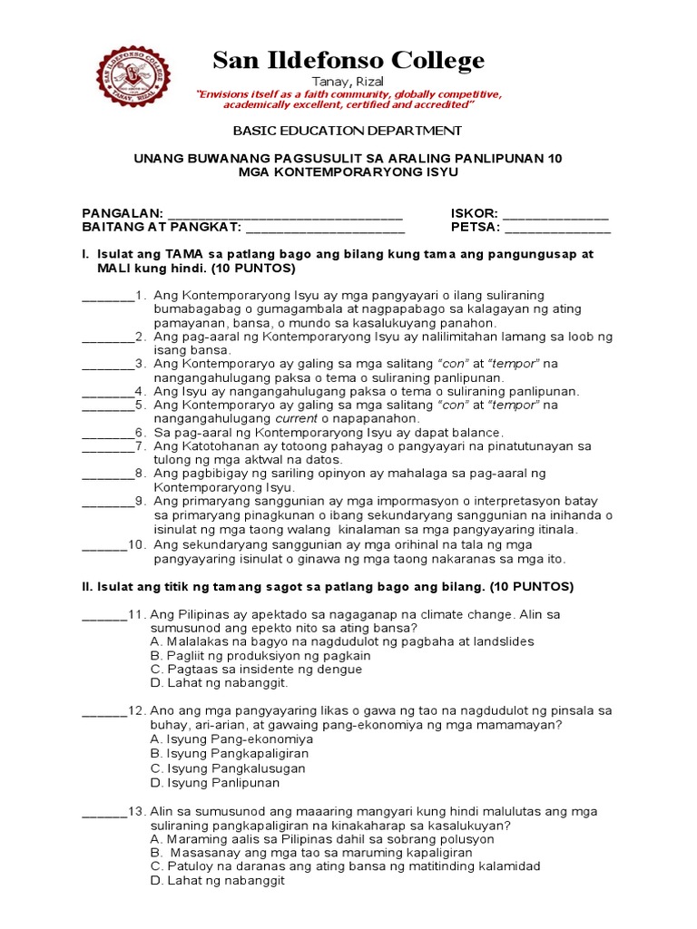 Unang Buwanang Pagsusulit Sa Araling Panlipunan 10 | PDF