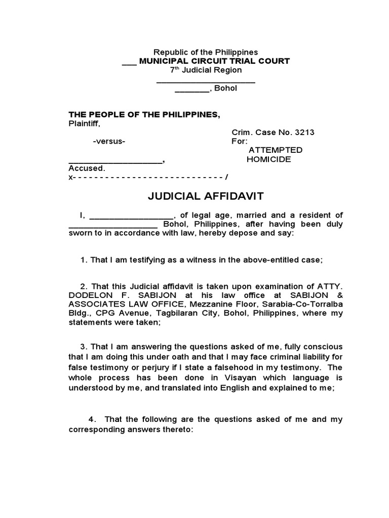 Sample Judicial Affidavit of An Eye Witness | PDF | Perjury | Testimony