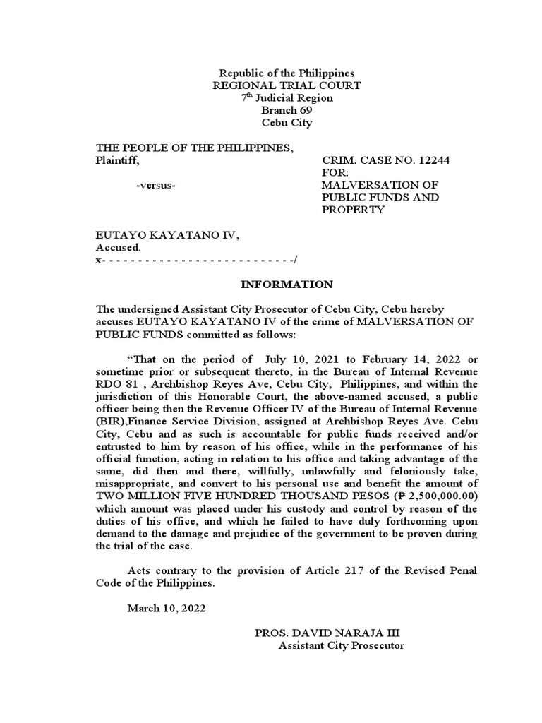 Sample of An Information For Malversation of Public Funds and Property ...