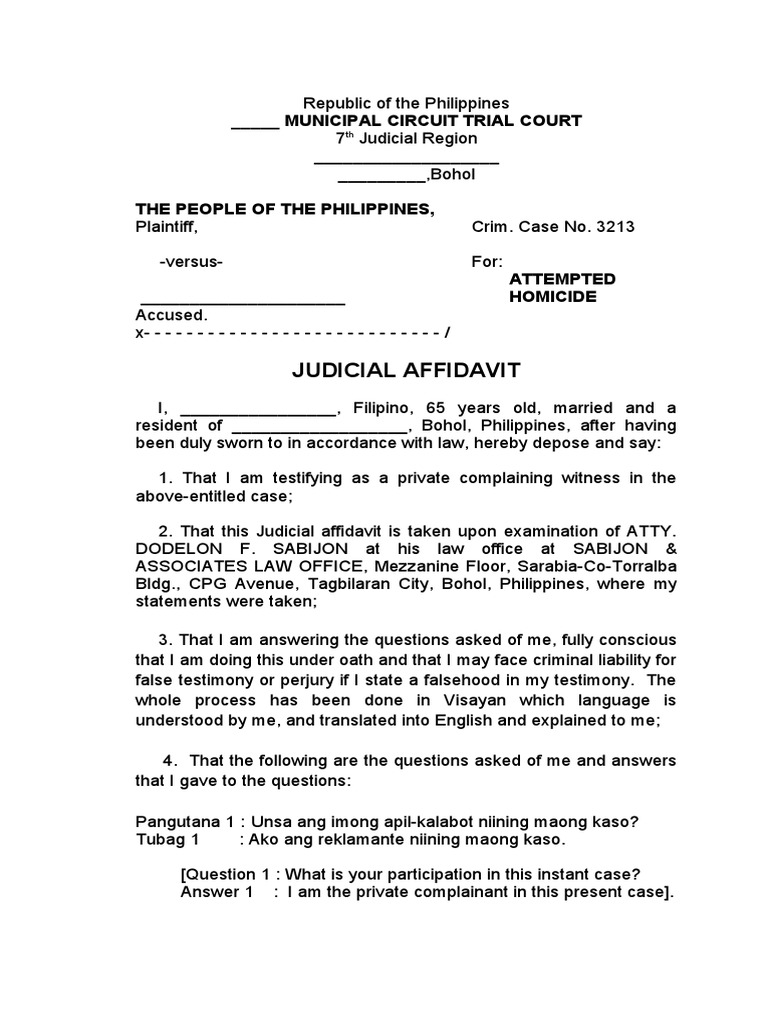 Sample of Judicial Affidavit of A Private Complainant | PDF | Perjury ...