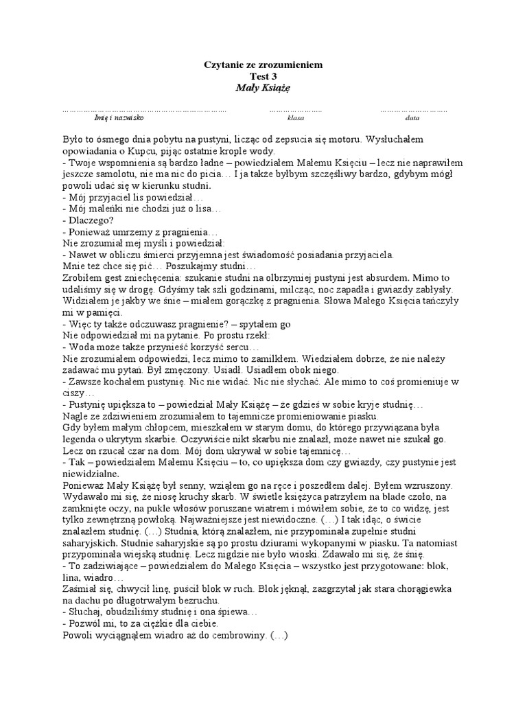 Czytanie Ze Zrozumieniem Test 3 Egopartum Edu PL | PDF