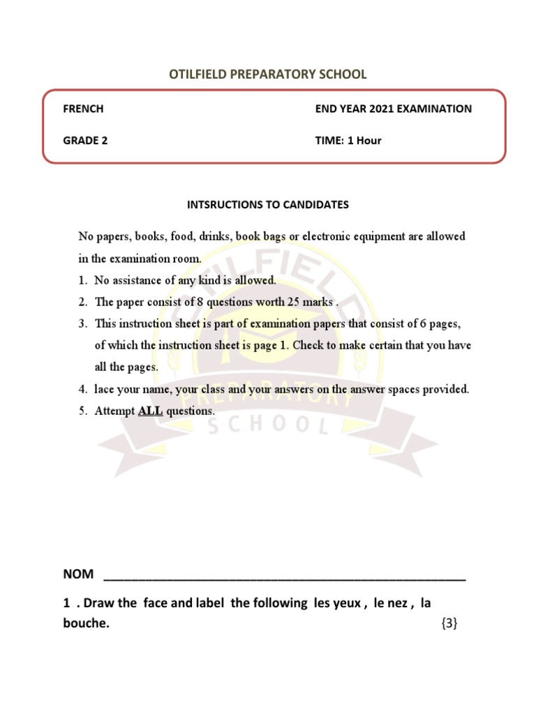 End of Year Grade 2 French Exam | PDF