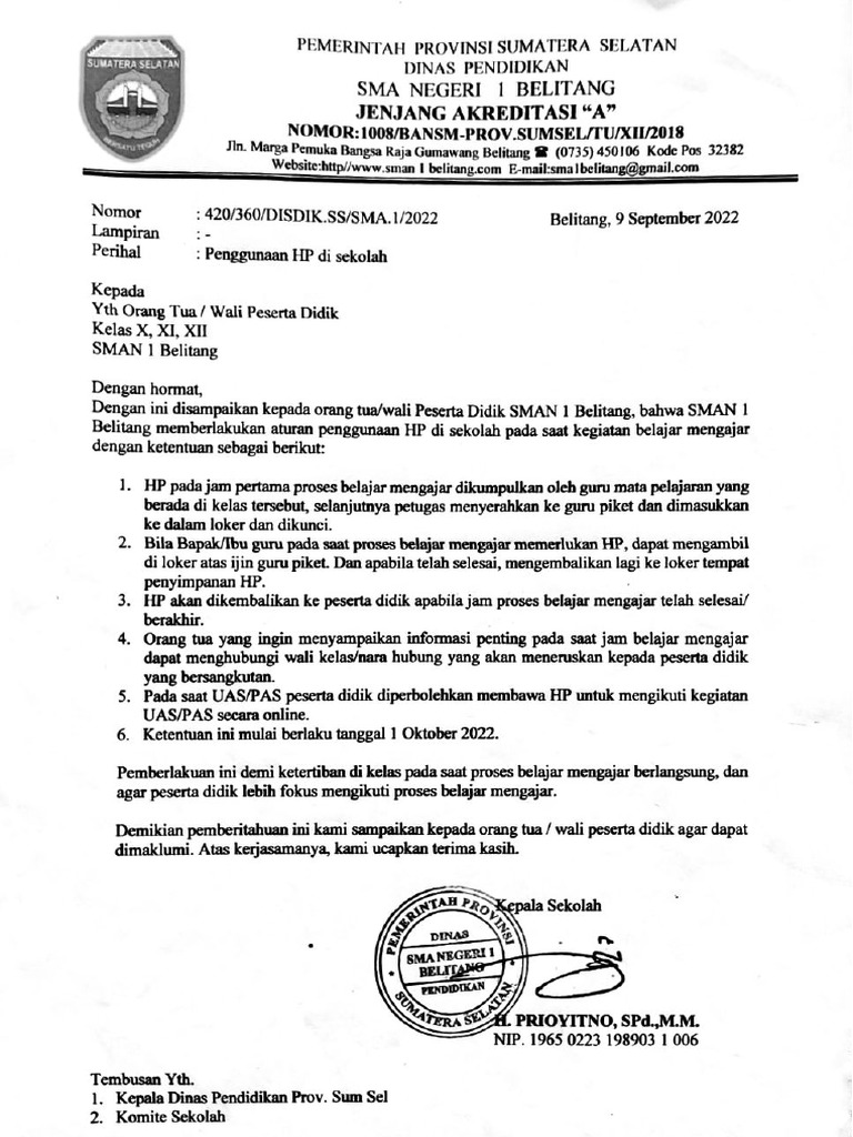 Peraturan Penggunaan HP Di Sekolah | PDF