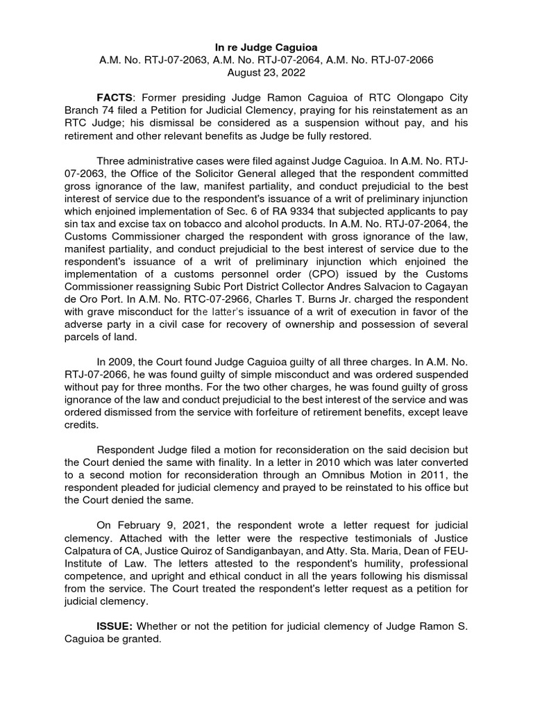 Case Digest - in Re Judge Caguioa | PDF | Pardon | Judiciaries