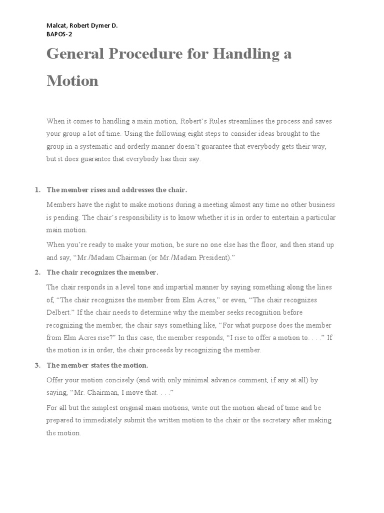 General Procedure For A Motion | PDF | Voting | Group Decision Making