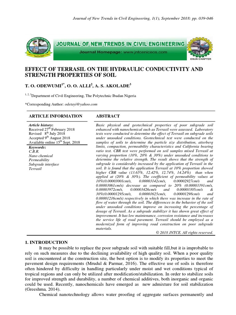 Effect of Terrasil On The Hydraulic Conductivity and Strength ...