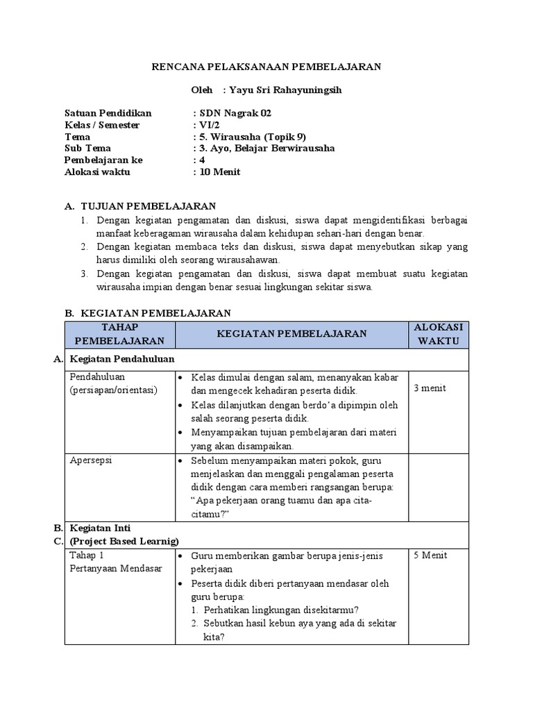 Rencana Pelaksanaan Pembelajaran Topik 9 Wirausaha | PDF