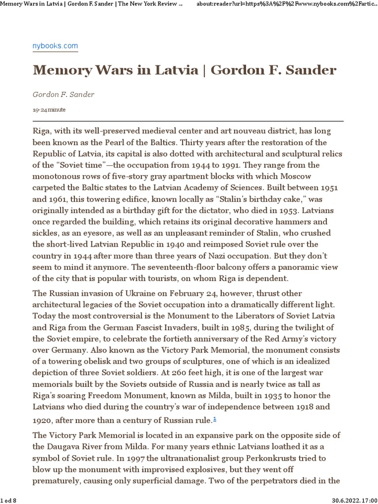 Memory Wars in Latvia Gordon F. Sander The New York Review of Books ...
