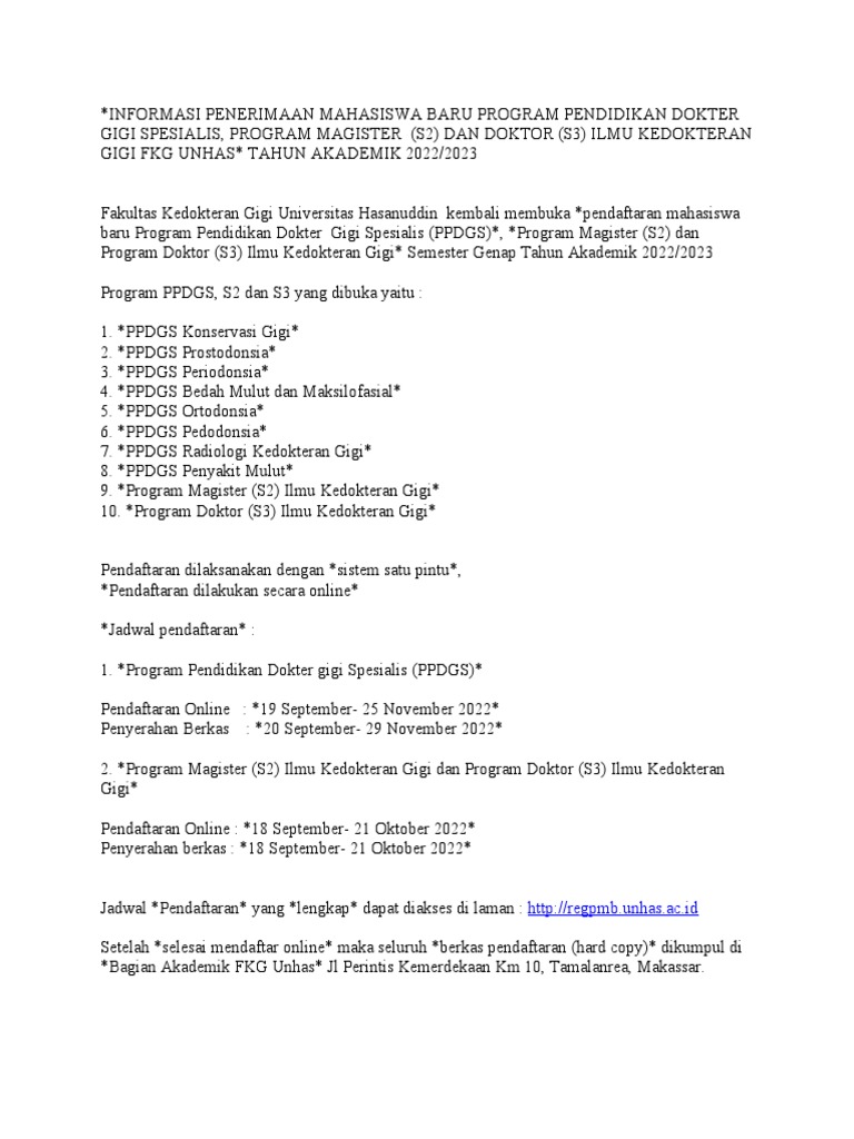 Pendaftaran PPDGS, S2, S3 FKG Unhas | PDF