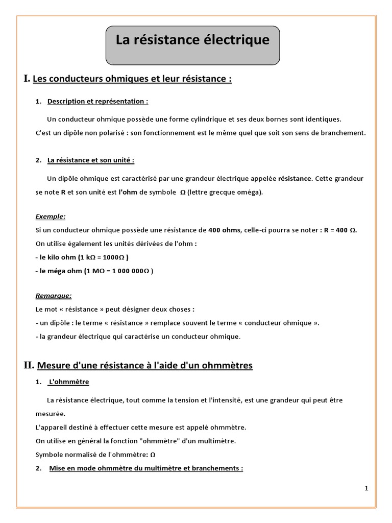 Résistance Électrique : Définition et Mesure | PDF | Résistance ...