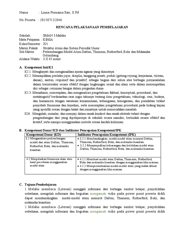 Rencana Aksi 1-Penyusunan RPP - Model Atom PBL - LINNA PURNAMA SARI, S ...