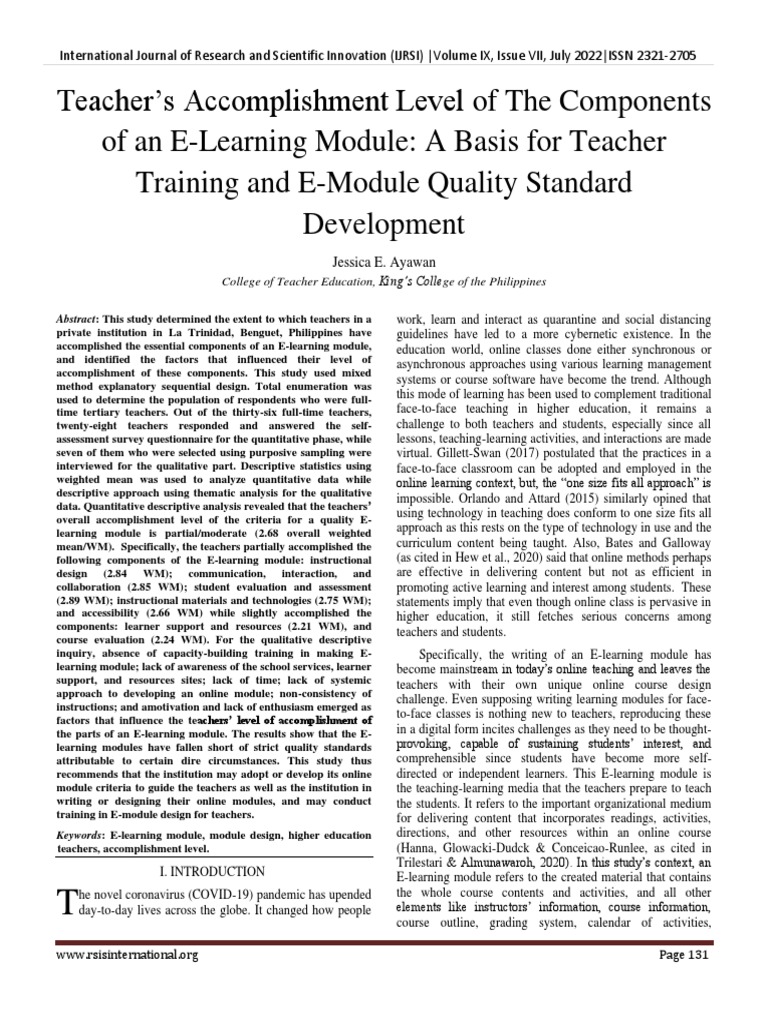Teacher's Accomplishment Level of The Components of An E-Learning ...
