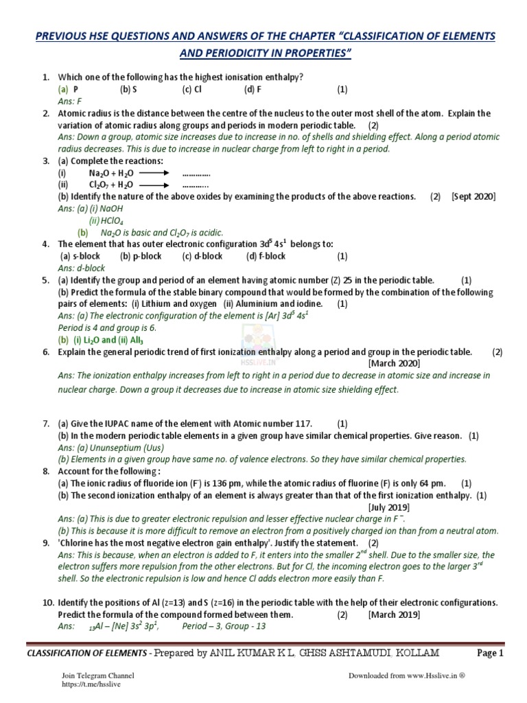 Hssive-Xi-Chem-3. Classification of Elements Q & A | PDF | Periodic Table | Ion