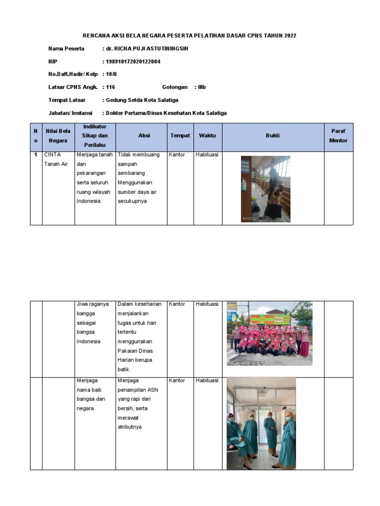 Rencana Aksi Bela Negara Peserta Pelatihan Dasar CPNS Tahun 2022 | PDF