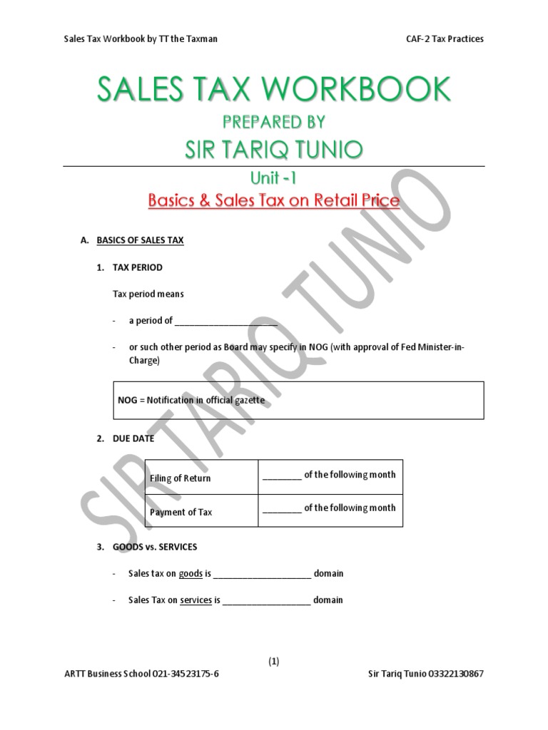 SALES TAX WORKBOOK - Prepared by - Sir Tariq Tunio | PDF | Taxes ...