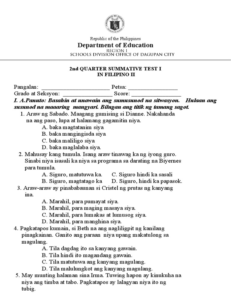 Q2 Summative Test 1 Filipino | PDF
