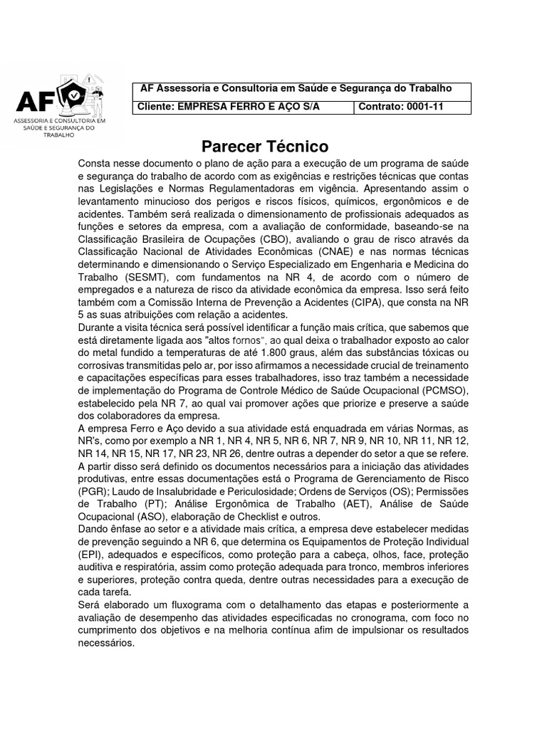 Parecer Tecnico | PDF | Segurança e saúde ocupacional Parecer Tecnico | PDF | Segurança e saúde ocupacional
