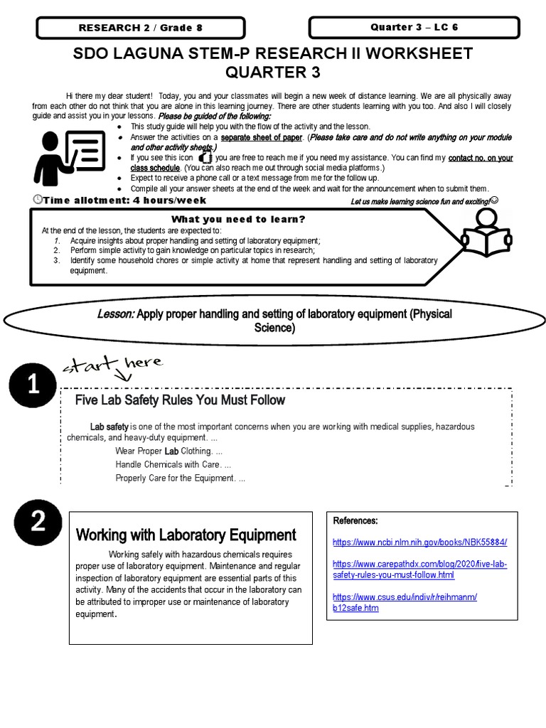 Sdo Laguna Stem-P Research Ii Worksheet Quarter 3: Working With Laboratory Equipment | PDF ...