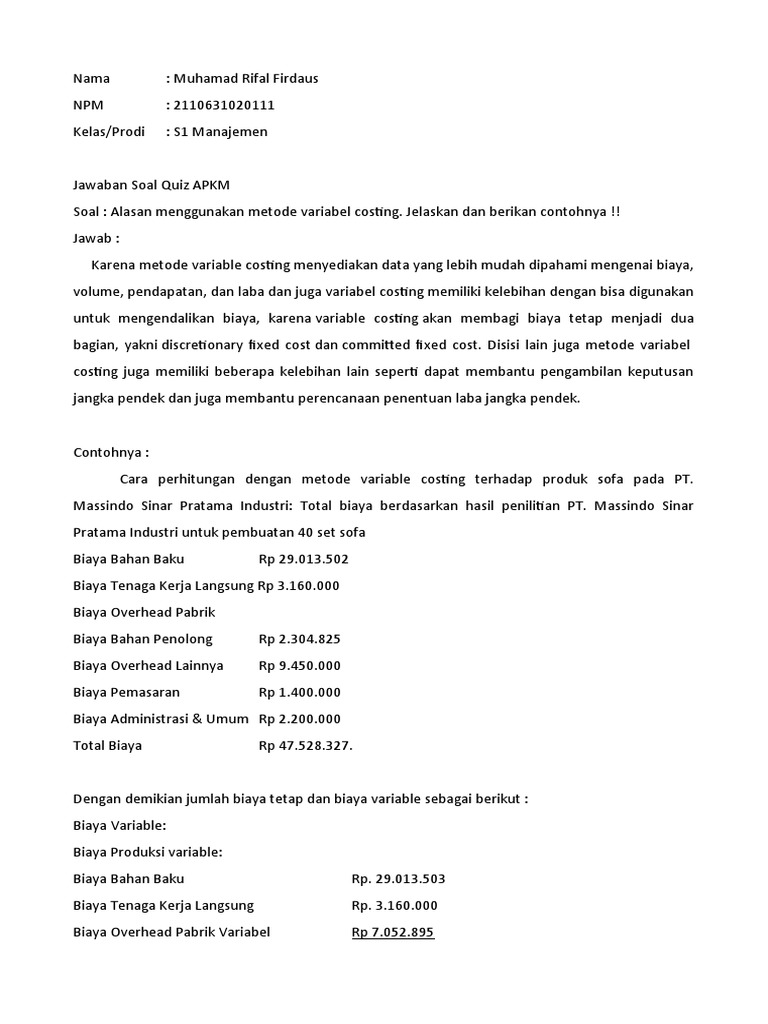 Metode Variable Costing: Contoh & Manfaat | PDF