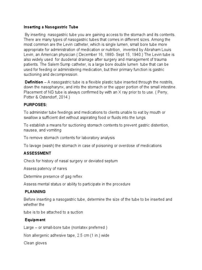 Inserting A Nasogastric Tube Checklist | PDF