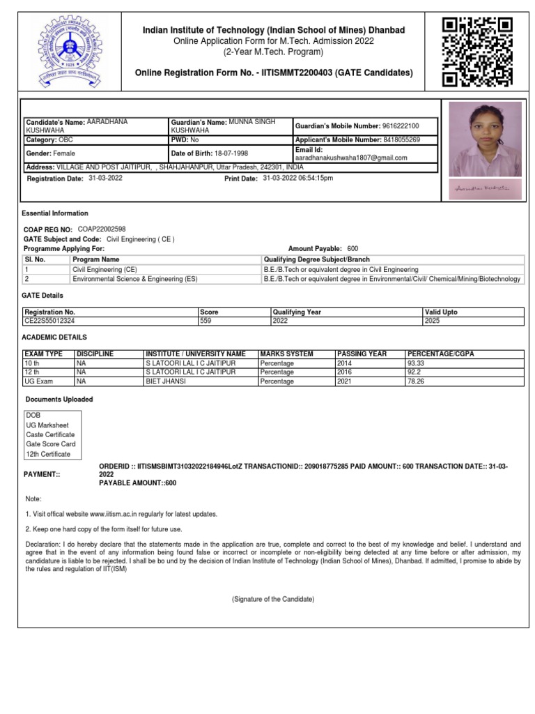 IITISMMT2200403 Mtech Application | PDF